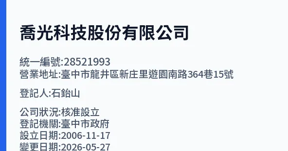 喬光科技股份有限公司的照片-統編 28521993(臺中市) 公司登記資料與營業項目詳細圖表