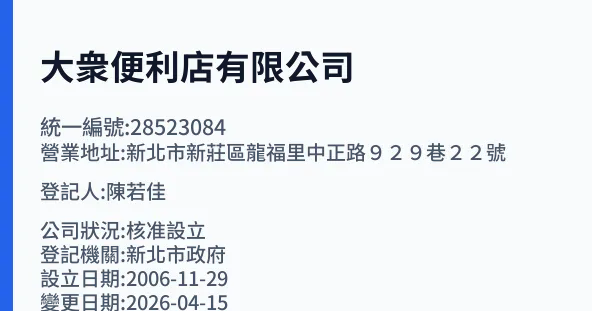 大衆便利店有限公司的照片-統編 28523084(新北市) 公司登記資料與營業項目詳細圖表