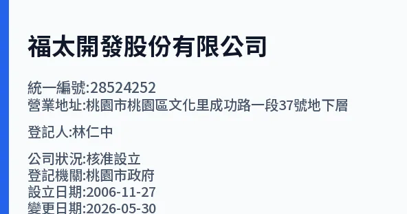 福太開發股份有限公司的照片-統編 28524252(桃園市) 公司登記資料與營業項目詳細圖表