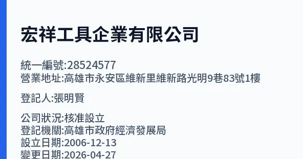 宏祥工具企業有限公司的照片-統編 28524577(高雄市) 公司登記資料與營業項目詳細圖表