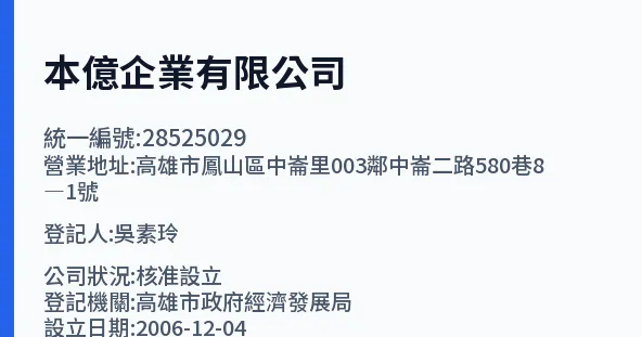 本億企業有限公司的照片-統編 28525029(高雄市) 公司登記資料與營業項目詳細圖表