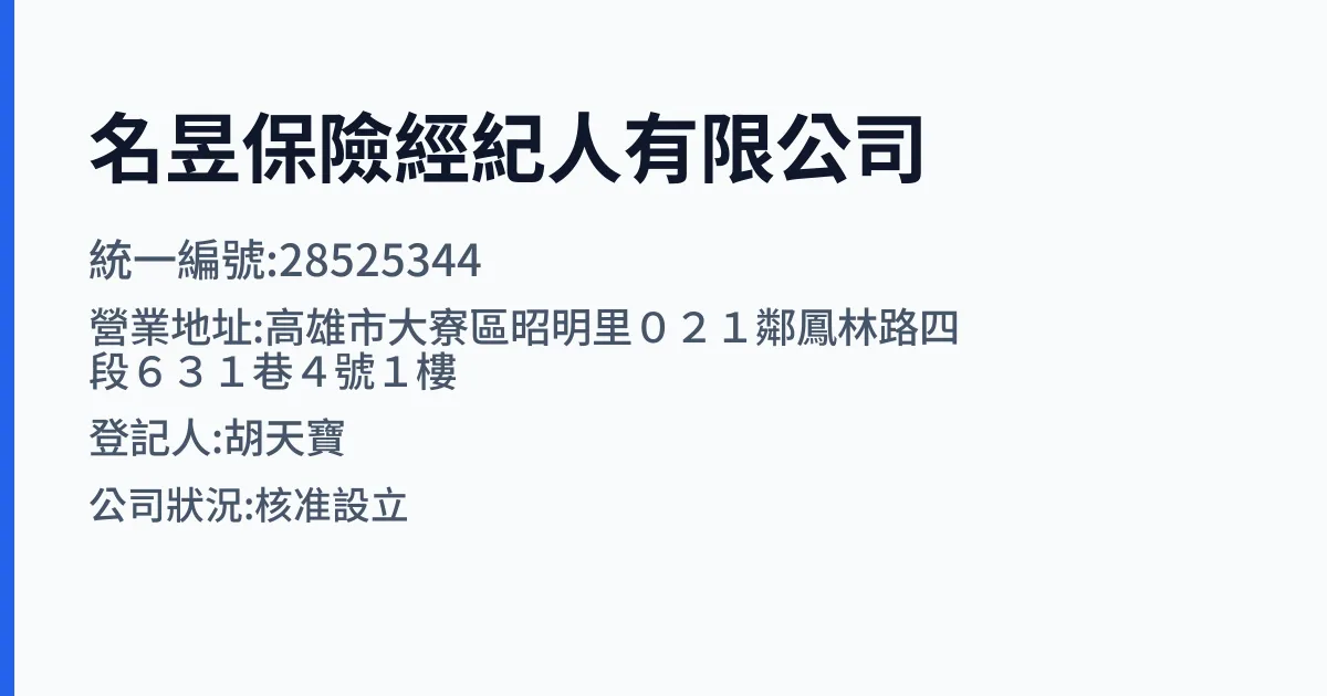 名昱保險經紀人有限公司 - 統編 28525344(高雄市) 公司登記資料與營業項目詳細圖表