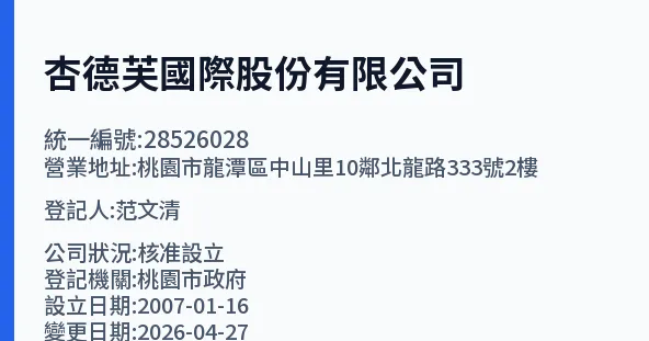 杏德芙國際股份有限公司的照片-統編 28526028(桃園市) 公司登記資料與營業項目詳細圖表