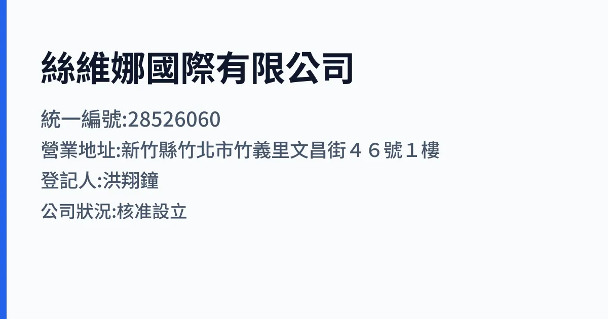 絲維娜國際有限公司 - 統編 28526060(新竹縣) 公司登記資料與營業項目詳細圖表
