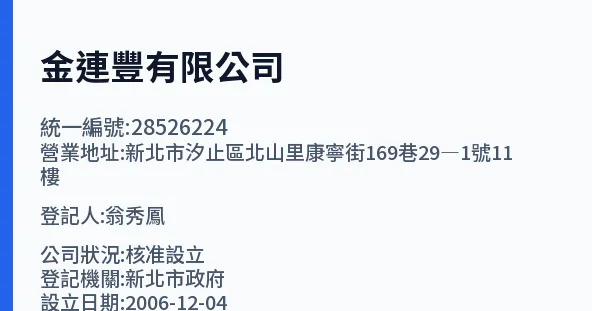 金連豐有限公司的照片-統編 28526224(新北市) 公司登記資料與營業項目詳細圖表