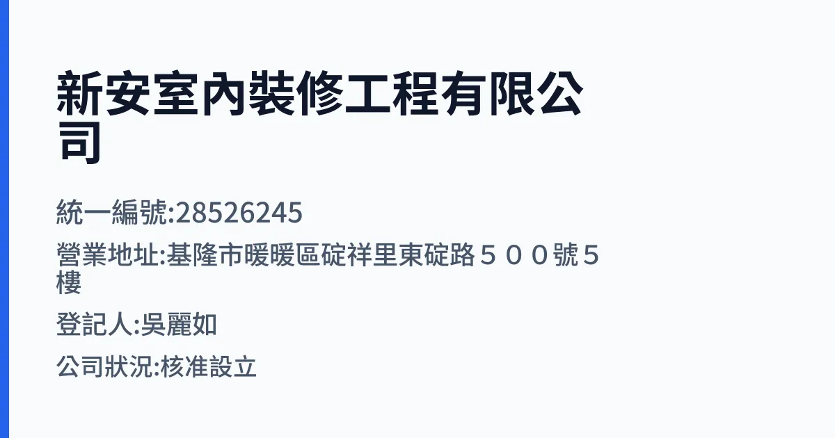 新安室內裝修工程有限公司 - 統編 28526245(基隆市) 公司登記資料與營業項目詳細圖表