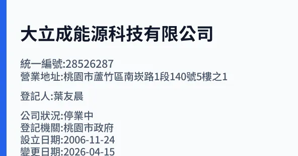 大立成能源科技有限公司的照片-統編 28526287(桃園市) 公司登記資料與營業項目詳細圖表