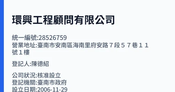 環興工程顧問有限公司的照片-統編 28526759(臺南市) 公司登記資料與營業項目詳細圖表