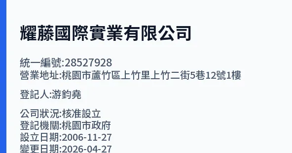 耀藤國際實業有限公司的照片-統編 28527928(桃園市) 公司登記資料與營業項目詳細圖表