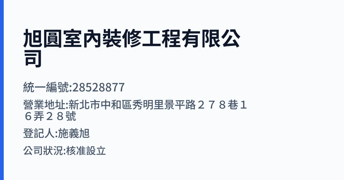 旭圓室內裝修工程有限公司 - 統編 28528877(新北市) 公司登記資料與營業項目詳細圖表