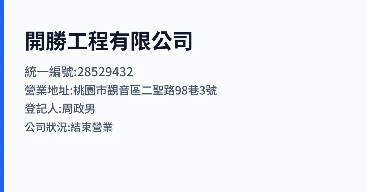 開勝工程有限公司 - 統編 28529432(桃園市) 公司登記資料與營業項目詳細圖表