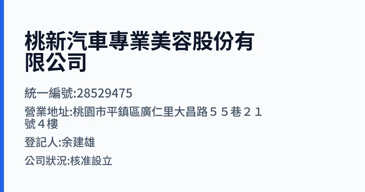 桃新汽車專業美容股份有限公司 - 統編 28529475(桃園市) 公司登記資料與營業項目詳細圖表