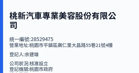 桃新汽車專業美容股份有限公司的照片-統編 28529475(桃園市) 公司登記資料與營業項目詳細圖表
