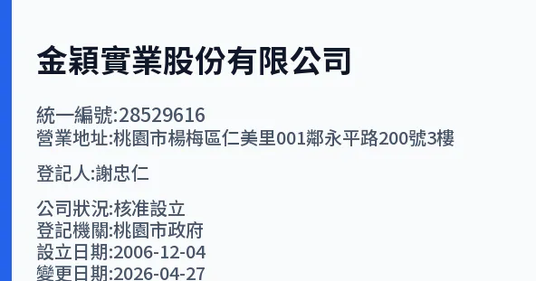 金穎實業股份有限公司的照片-統編 28529616(桃園市) 公司登記資料與營業項目詳細圖表