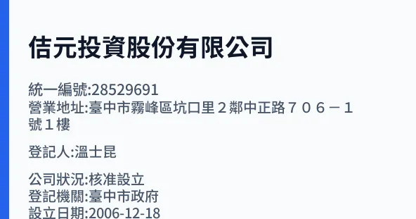 佶元投資股份有限公司的照片-統編 28529691(臺中市) 公司登記資料與營業項目詳細圖表