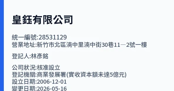皇鈺有限公司的照片-統編 28531129(新竹市) 公司登記資料與營業項目詳細圖表