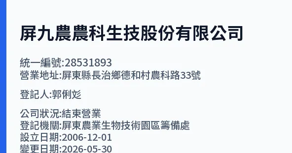 屏九農農科生技股份有限公司的照片-統編 28531893(屏東縣) 公司登記資料與營業項目詳細圖表