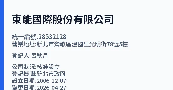 東能國際股份有限公司的照片-統編 28532128(新北市) 公司登記資料與營業項目詳細圖表