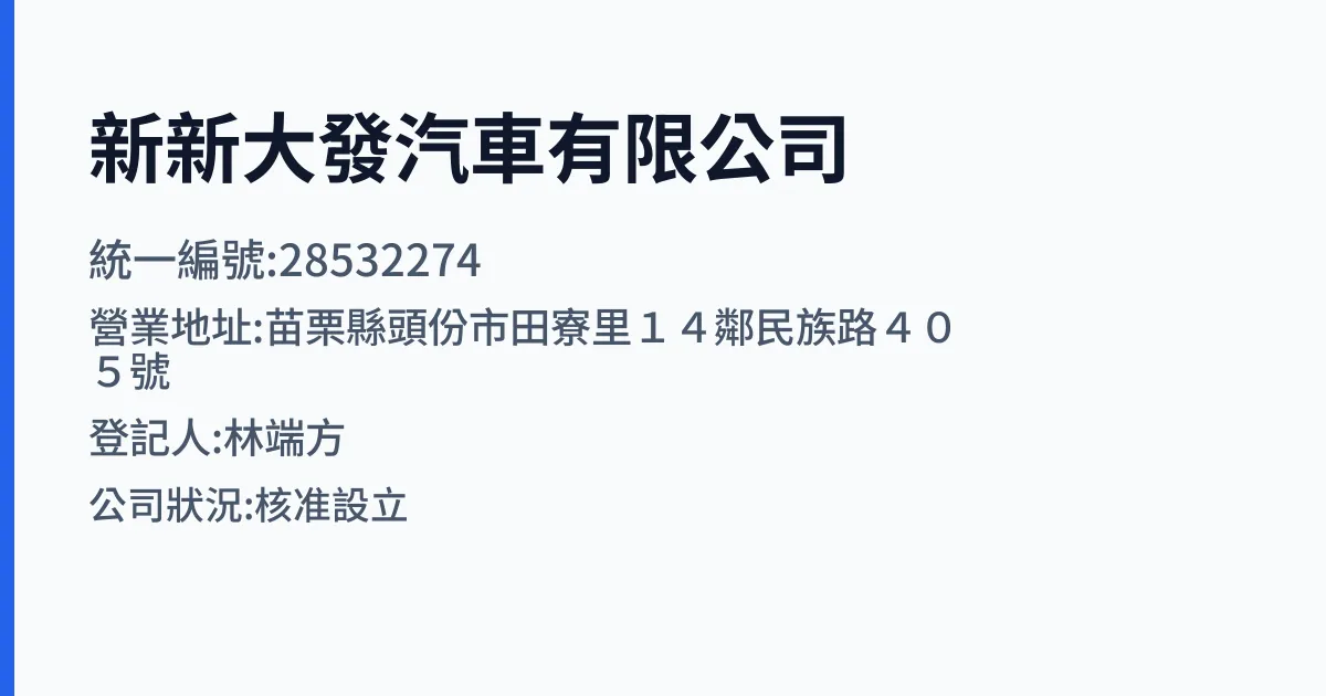 新新大發汽車有限公司 - 統編 28532274(苗栗縣) 公司登記資料與營業項目詳細圖表