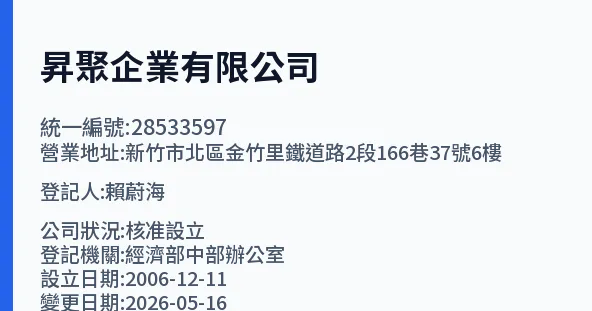 昇聚企業有限公司的照片-統編 28533597(新竹市) 公司登記資料與營業項目詳細圖表