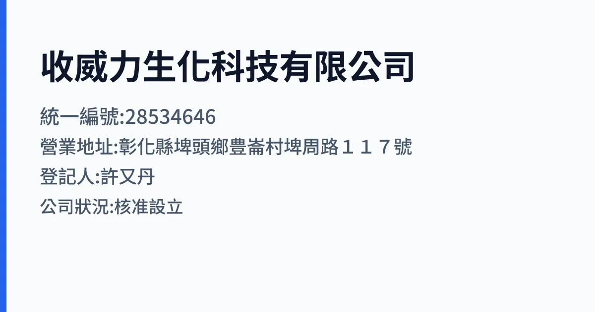 收威力生化科技有限公司 - 統編 28534646 (彰化縣) 公司登記資料與營業項目詳細圖表