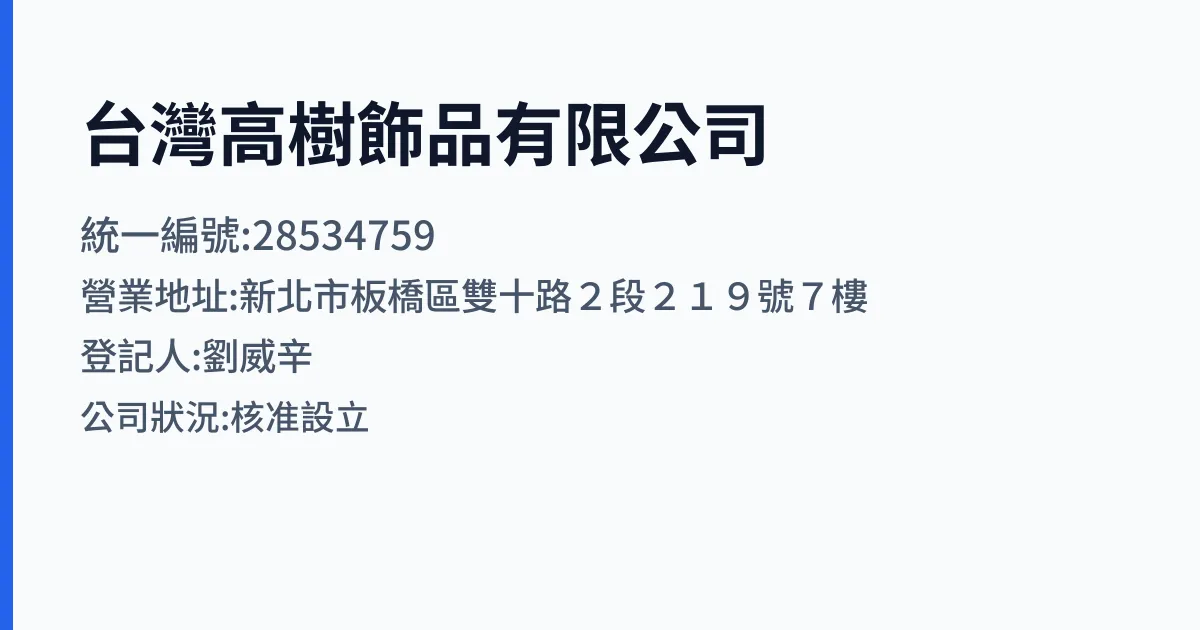 台灣高樹飾品有限公司 - 統編 28534759(新北市) 公司登記資料與營業項目詳細圖表