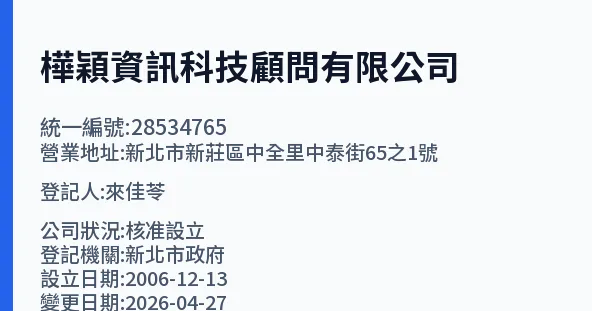 樺穎資訊科技顧問有限公司的照片-統編 28534765(新北市) 公司登記資料與營業項目詳細圖表