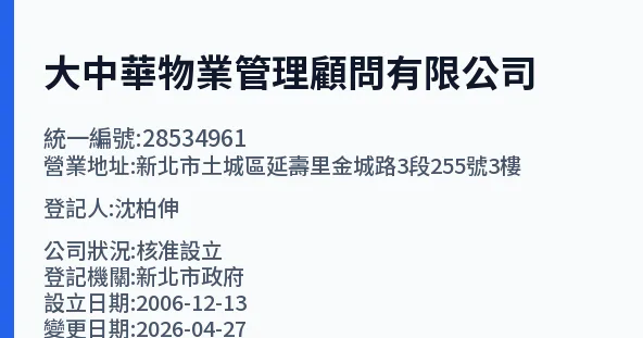 大中華物業管理顧問有限公司的照片-統編 28534961(新北市) 公司登記資料與營業項目詳細圖表