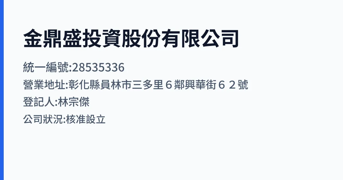 金鼎盛投資股份有限公司 - 統編 28535336（彰化縣） 公司登記資料與營業項目詳細圖表