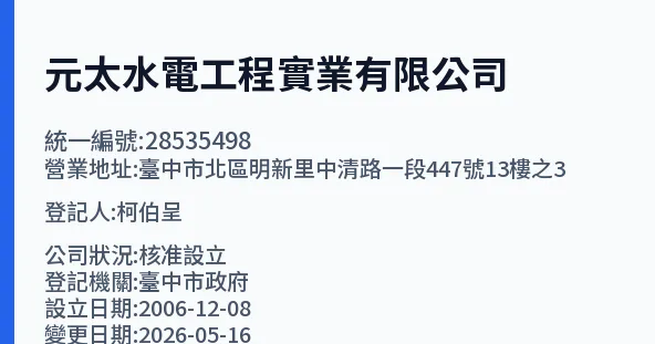 元太水電工程實業有限公司的照片-統編 28535498(臺中市) 公司登記資料與營業項目詳細圖表