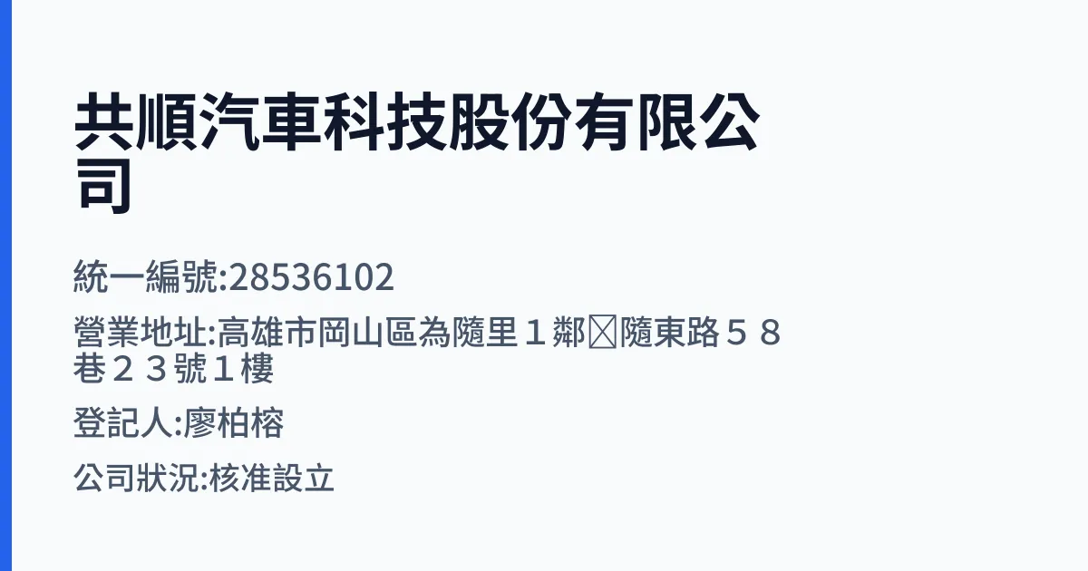 共順汽車科技股份有限公司 - 統編 28536102(高雄市) 公司登記資料與營業項目詳細圖表