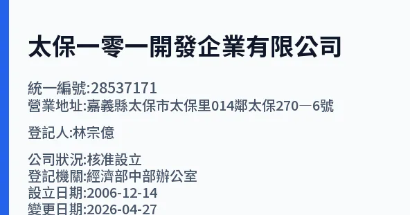 太保一零一開發企業有限公司的照片-統編 28537171(嘉義縣) 公司登記資料與營業項目詳細圖表