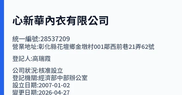 心新華內衣有限公司的照片-統編 28537209(彰化縣) 公司登記資料與營業項目詳細圖表
