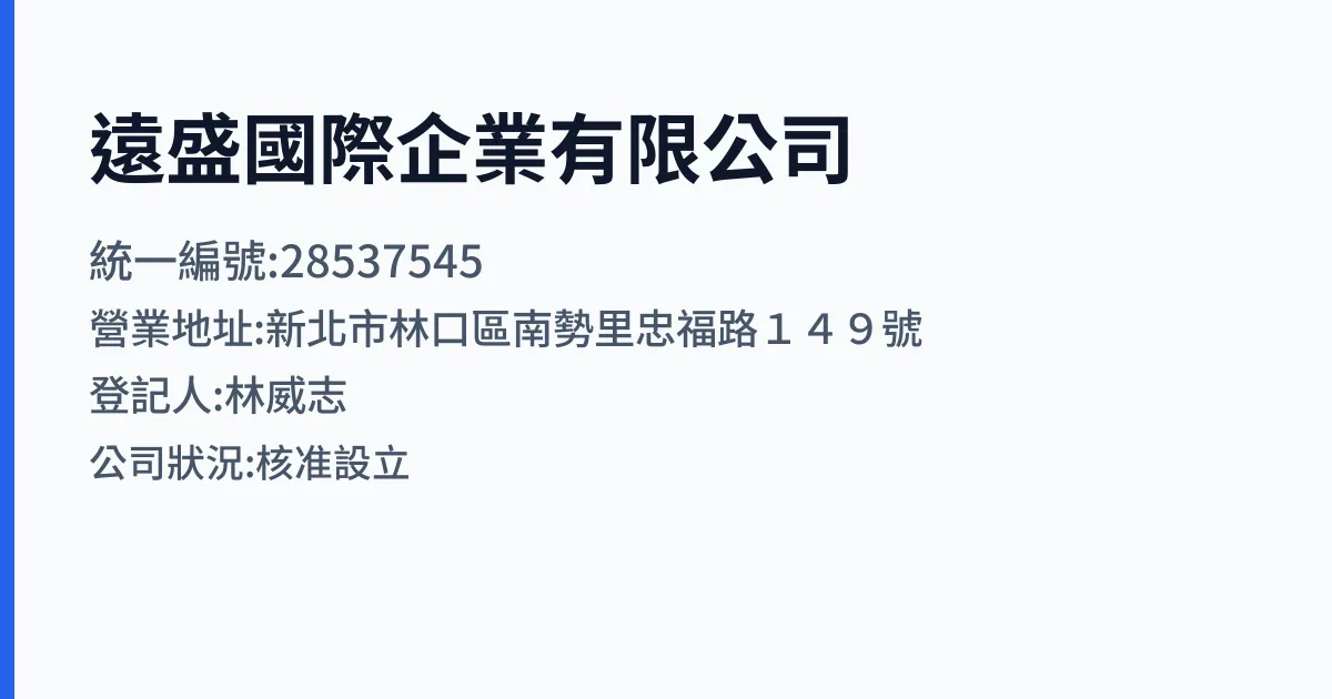 遠盛國際企業有限公司 - 統編 28537545(新北市) 公司登記資料與營業項目詳細圖表