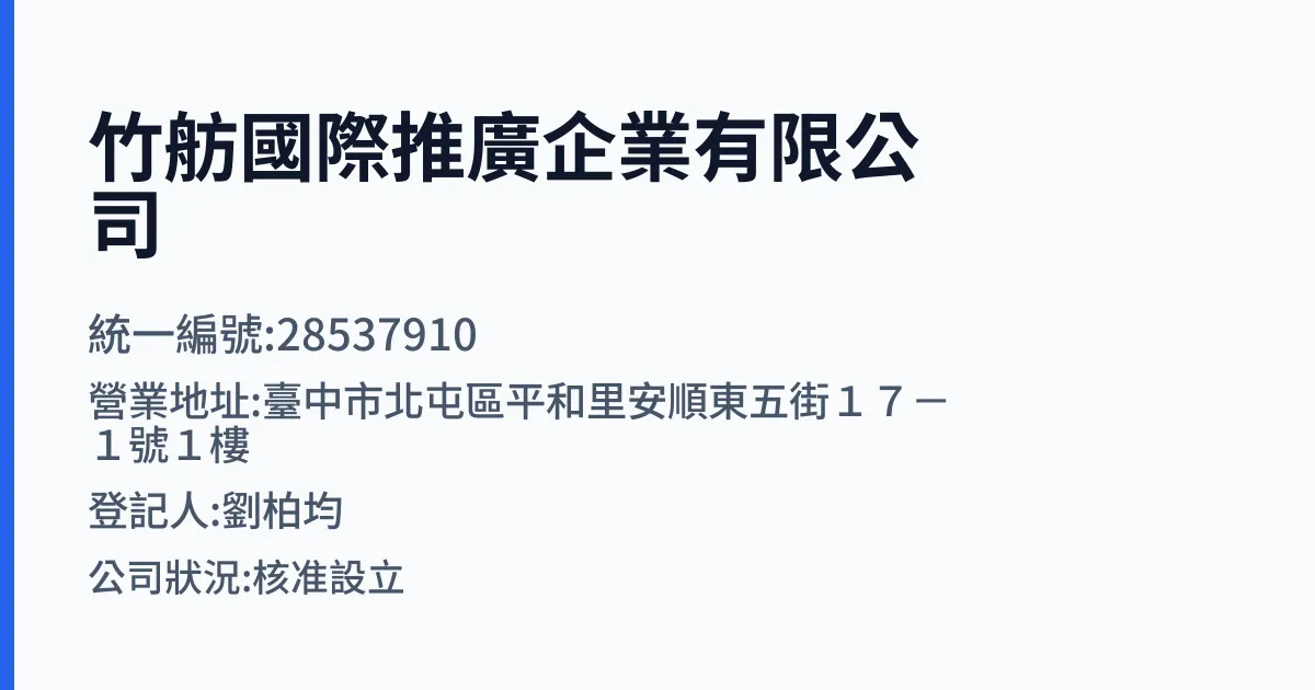 竹舫國際推廣企業有限公司 - 統編 28537910(臺中市) 公司登記資料與營業項目詳細圖表