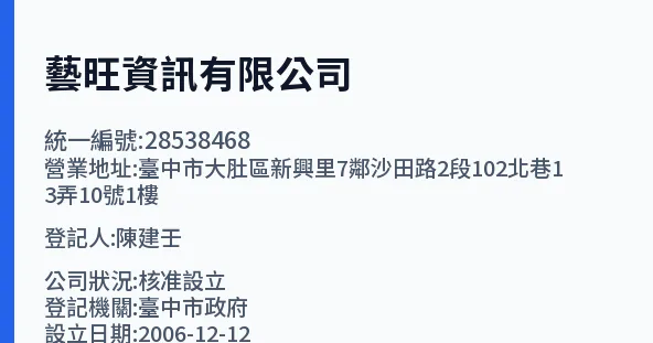 藝旺資訊有限公司的照片-統編 28538468(臺中市) 公司登記資料與營業項目詳細圖表
