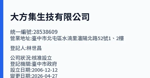 大方集生技有限公司的照片-統編 28538609(臺中市) 公司登記資料與營業項目詳細圖表