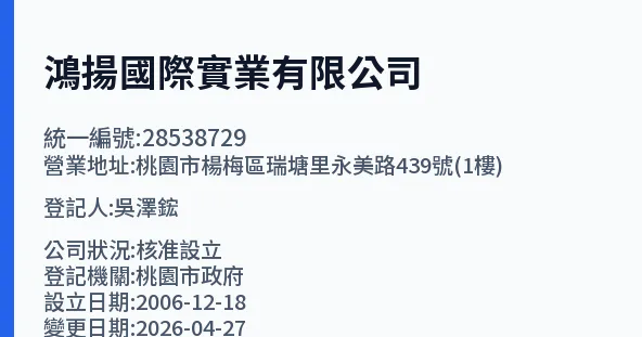 鴻揚國際實業有限公司的照片-統編 28538729(桃園市) 公司登記資料與營業項目詳細圖表