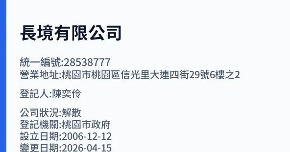 長境有限公司的照片-統編 28538777(桃園市) 公司登記資料與營業項目詳細圖表