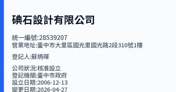 碘石設計有限公司的照片-統編 28539207(臺中市) 公司登記資料與營業項目詳細圖表