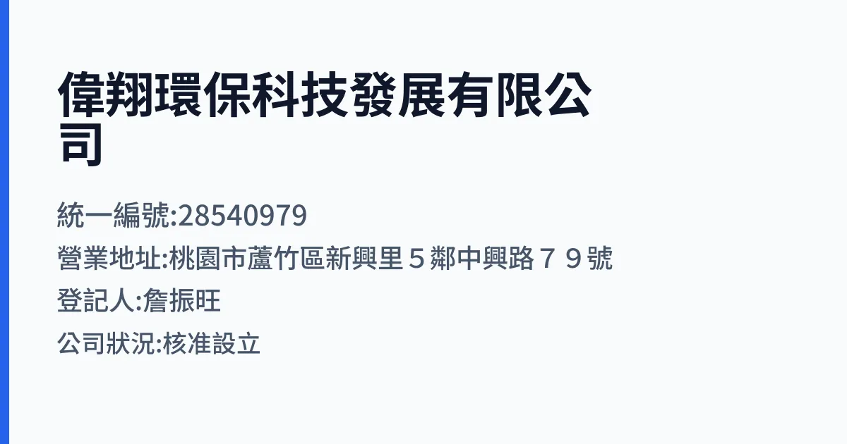 偉翔環保科技發展有限公司 - 統編 28540979(桃園市) 公司登記資料與營業項目詳細圖表