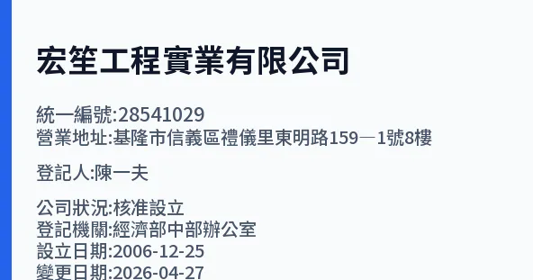 宏笙工程實業有限公司的照片-統編 28541029(基隆市) 公司登記資料與營業項目詳細圖表