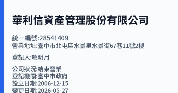 華利信資產管理股份有限公司的照片-統編 28541409(臺中市) 公司登記資料與營業項目詳細圖表