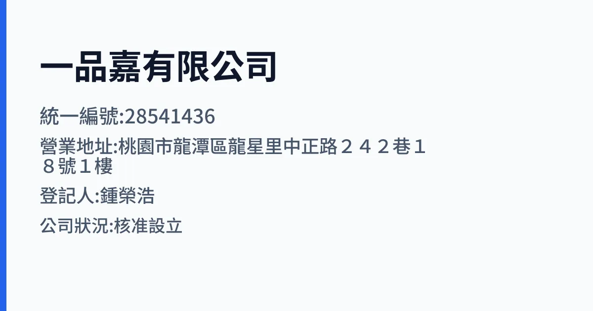 一品嘉有限公司 - 統編 28541436（桃園市） 公司登記資料與營業項目詳細圖表