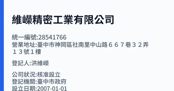 維嶸精密工業有限公司的照片-統編 28541766(臺中市) 公司登記資料與營業項目詳細圖表