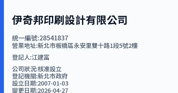伊奇邦印刷設計有限公司的照片-統編 28541837(新北市) 公司登記資料與營業項目詳細圖表