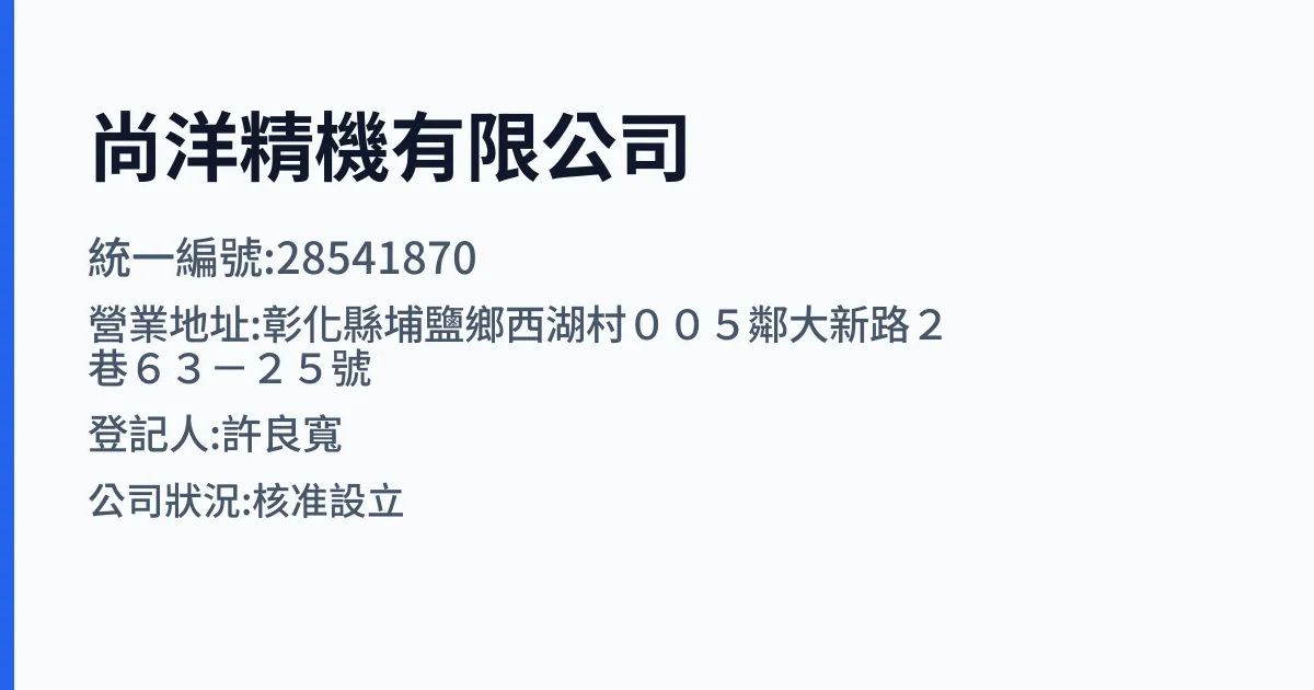 尚洋精機有限公司 - 統編 28541870(彰化縣) 公司登記資料與營業項目詳細圖表