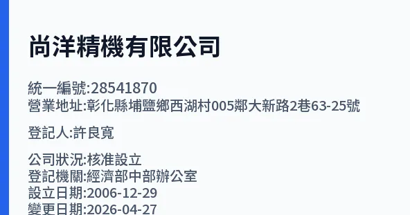 尚洋精機有限公司的照片-統編 28541870(彰化縣) 公司登記資料與營業項目詳細圖表