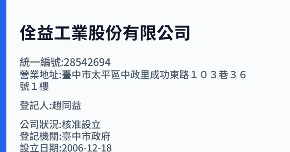 佺益工業股份有限公司的照片-統編 28542694(臺中市) 公司登記資料與營業項目詳細圖表