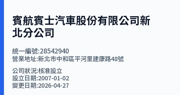 賓航賓士汽車股份有限公司新北分公司的照片-統編 28542940(新北市) 公司登記資料與營業項目詳細圖表